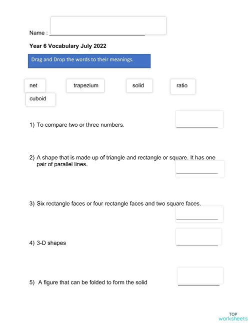 Year 6 Vocabulary July 2022. Interactive worksheet | TopWorksheets