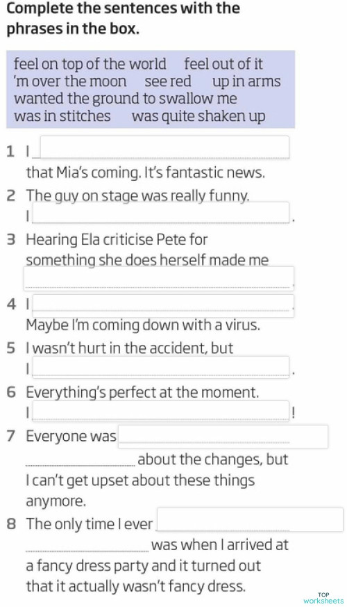 Idioms to speak about feelings. Interactive worksheet | TopWorksheets