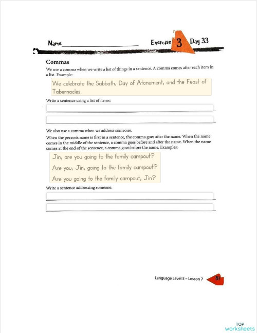 Lesson 7: Commas Pg 81-82 Ex 3. Interactive worksheet | TopWorksheets