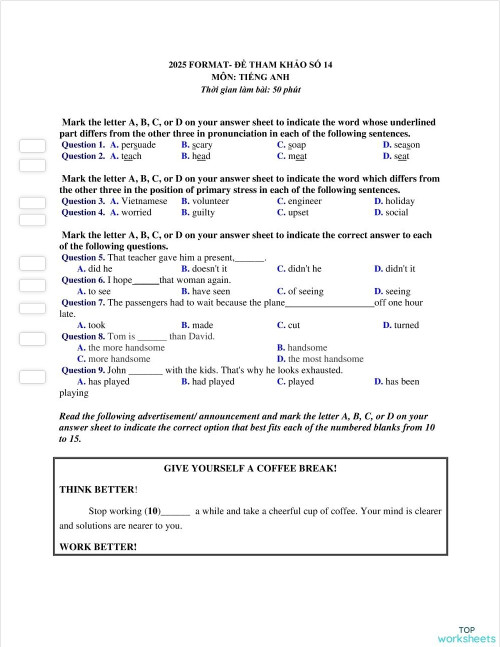 PRACTICE TEST 14 -20. Interactive worksheet | TopWorksheets