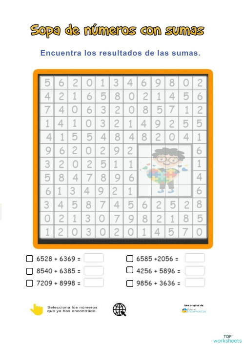 Sopa de sumas 03. Ficha interactiva | TopWorksheets