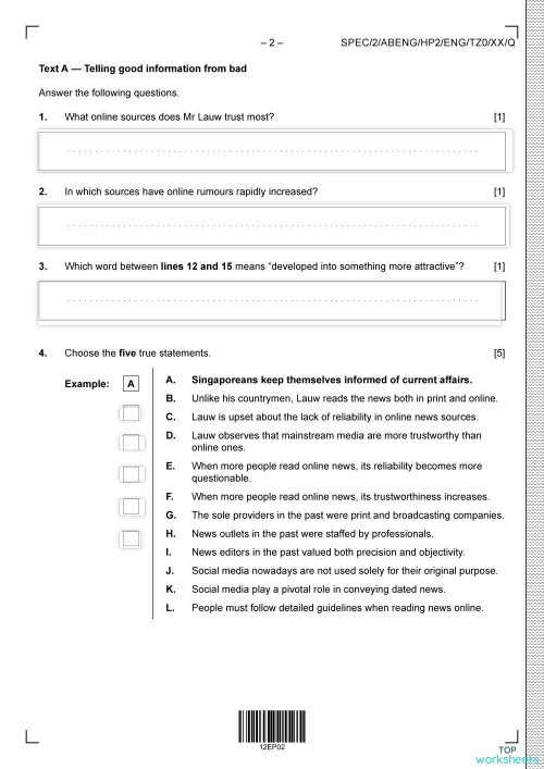 Reading Comprehension (Question and answer booklet). Interactive ...