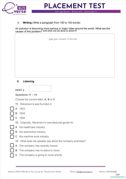 PLACEMENT TEST - 01. Interactive worksheet | TopWorksheets