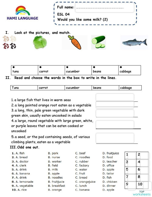 (2)Would you like some milk?. Interactive worksheet | TopWorksheets