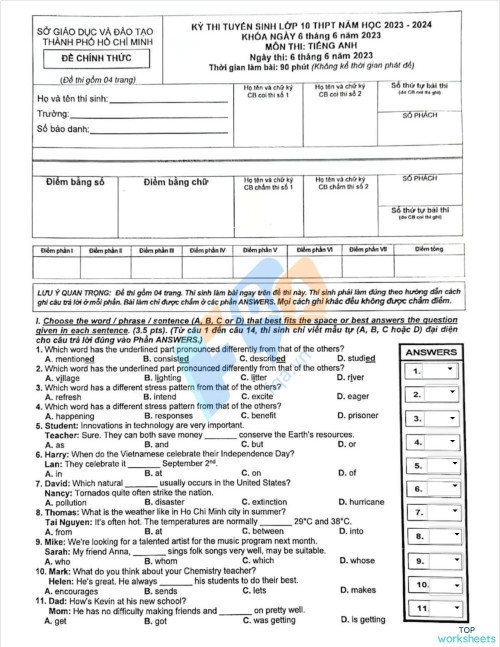 Đề Hồ Chí Minh 2023-2024. Interactive worksheet | TopWorksheets