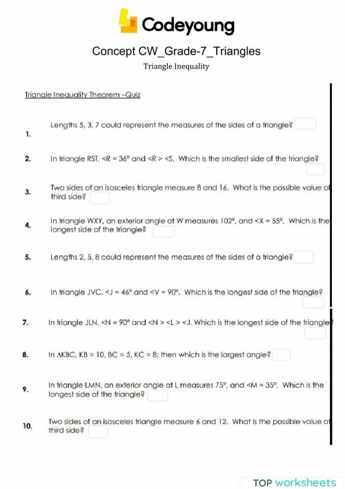 Triangle Inequality Concept CW. Interactive worksheet | TopWorksheets