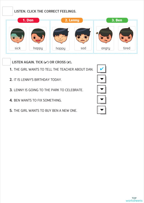 Feelings - Listening 1. Interactive worksheet | TopWorksheets