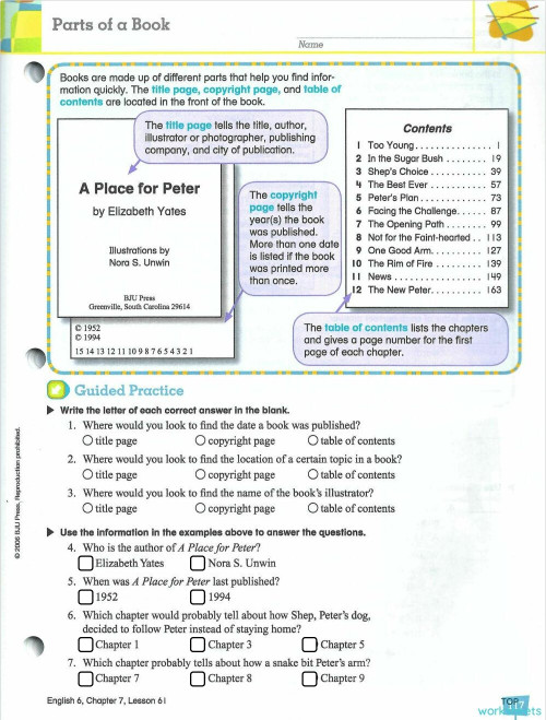 Lesson: 61: Parts of a Book Pg 117. Interactive worksheet | TopWorksheets