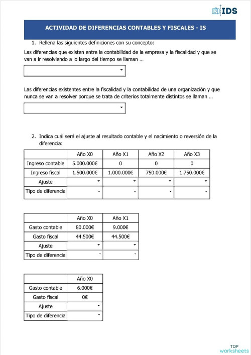 Ficha ajustes fiscal-contable con tipo diferencias. Ficha interactiva ...