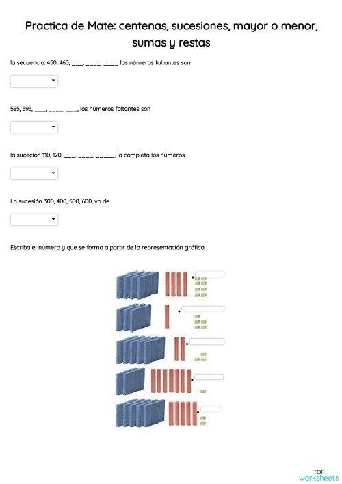 Practica de Mate: centenas, sucesiones, mayor o menor, sumas y restas. Ficha interactiva ...