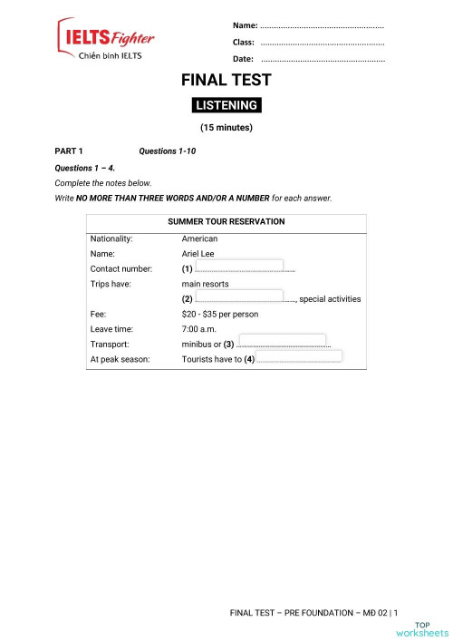 PRE F - FINAL TEST - L&R. Interactive worksheet | TopWorksheets