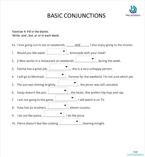 Worksheet about basic conjunctions. Interactive worksheet | TopWorksheets