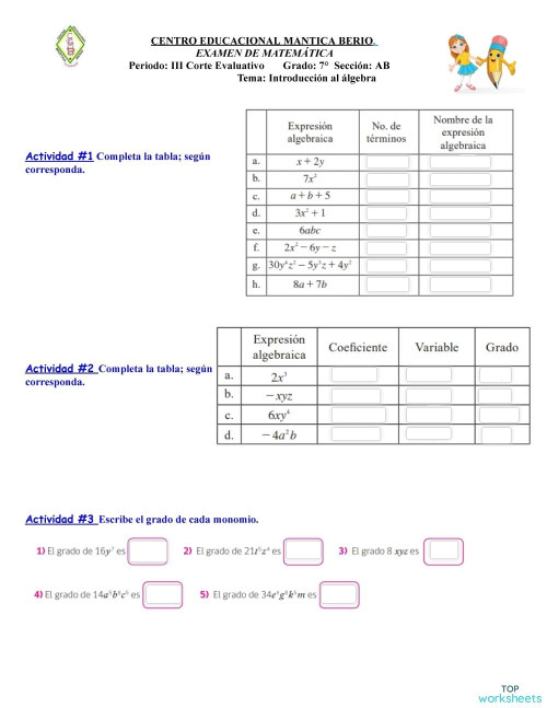 7°Conceptos básico de álgebra.. Ficha interactiva | TopWorksheets