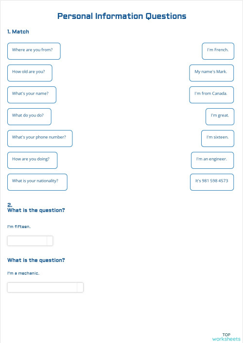 Personal Information Questions. Interactive worksheet | TopWorksheets