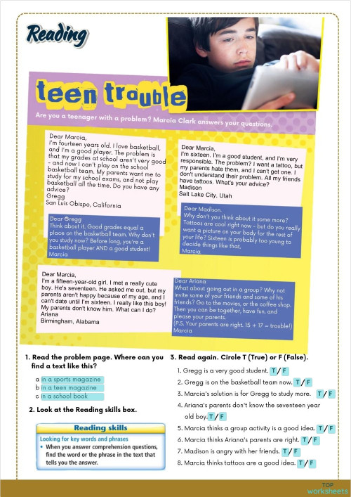 Reading (3rd) Teen trouble. Interactive worksheet | TopWorksheets