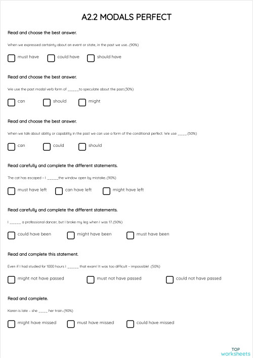 A2.2 MODALS PERFECT. Interactive worksheet | TopWorksheets