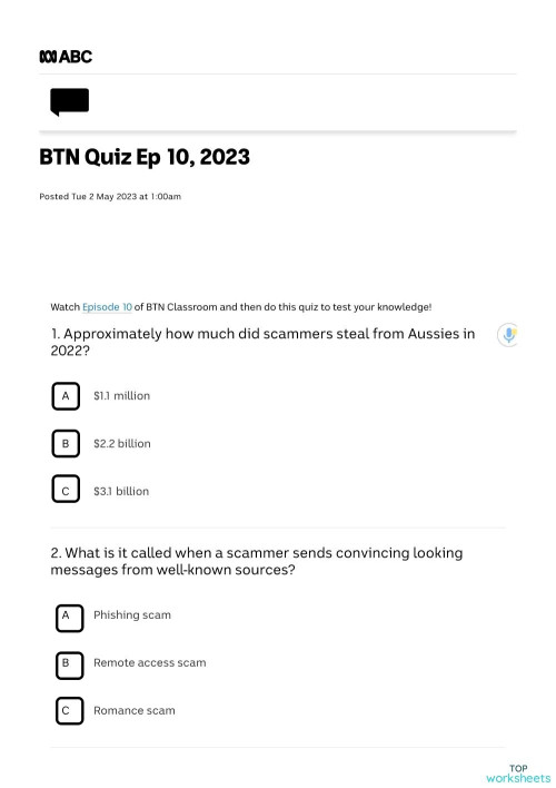 BTN Quiz Episode 10 2033. Interactive worksheet | TopWorksheets