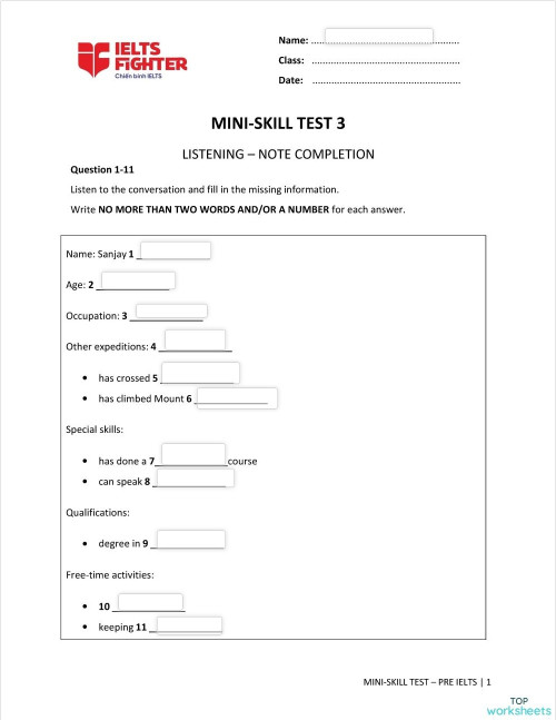 MINI TEST 3 - PRE. Interactive worksheet | TopWorksheets