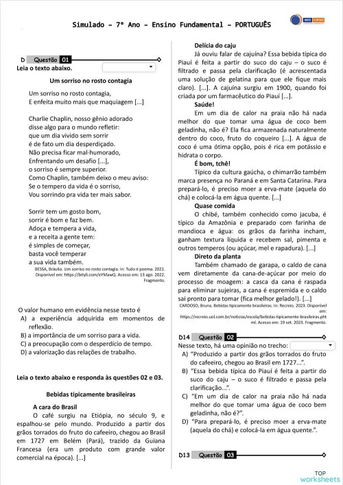 NEO - Simulado - Português- 7° Ano. Ficha interativa | TopWorksheets