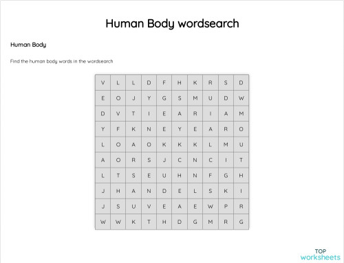 Human Body wordsearch. Interactive worksheet | TopWorksheets