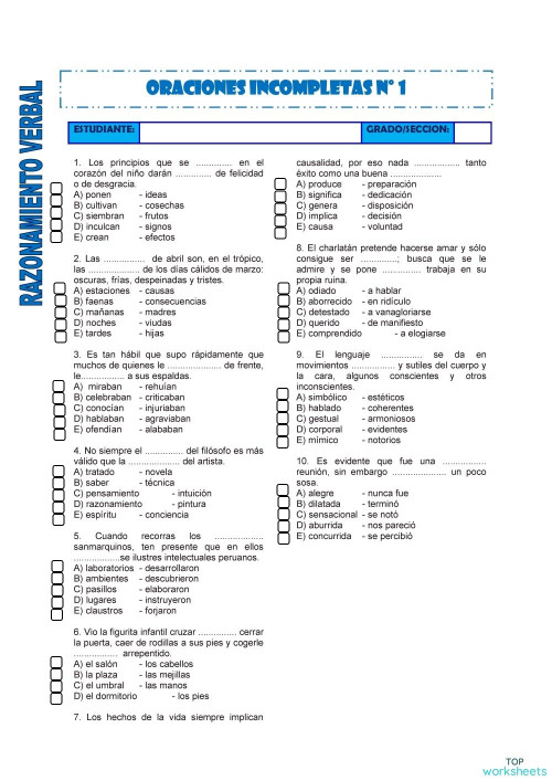 ORACIÓN INCOMPLETA 1. Ficha interactiva | TopWorksheets