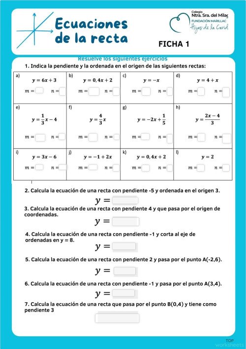 Ecuaciones de la recta-Ficha 1. Ficha interactiva | TopWorksheets