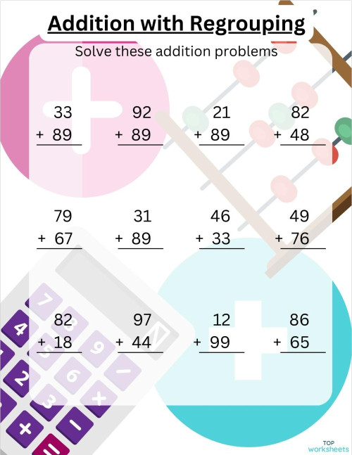 2-Digit addition with regrouping. Interactive worksheet | TopWorksheets