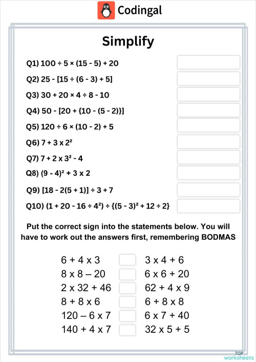 M_G04M05L13_WE01_Simplifying with BODMAS. Interactive worksheet ...