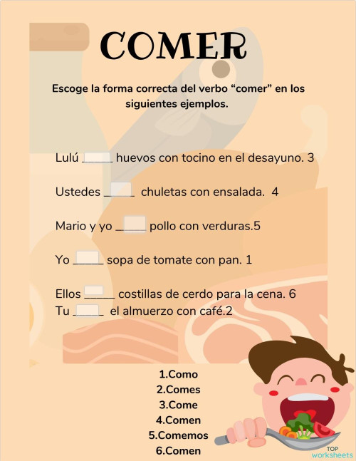 Ejercicio 2 verbo comer. Ficha interactiva | TopWorksheets