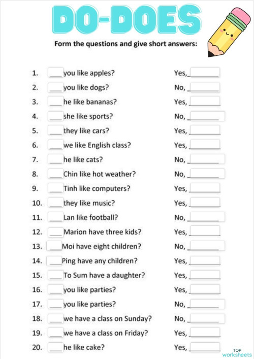 FORM QUESTIONS/ SHORT ANSWERS DO-DOES. Interactive worksheet ...