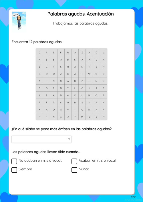 Palabras agudas. Acentuación. Ficha interactiva | TopWorksheets