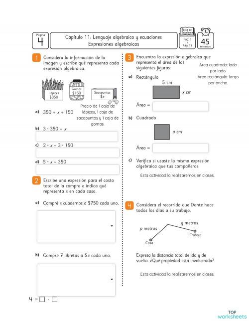 Hoja De Trabajo Con Problemas De Palabras Para Escribir Expresiones Algebraicas