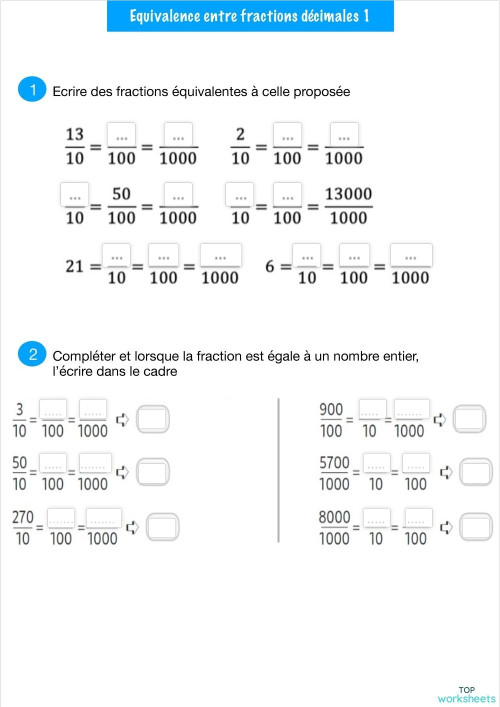 Equivalences entre fractions décimales. Fiche interactive | TopWorksheets