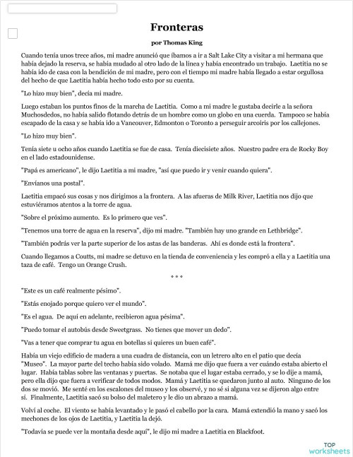 Fronteras (Borders) por Thomas King. Interactive worksheet | TopWorksheets
