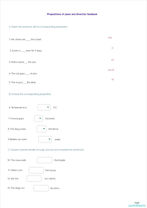 Prepositions of place and direction feedback. Interactive worksheet ...