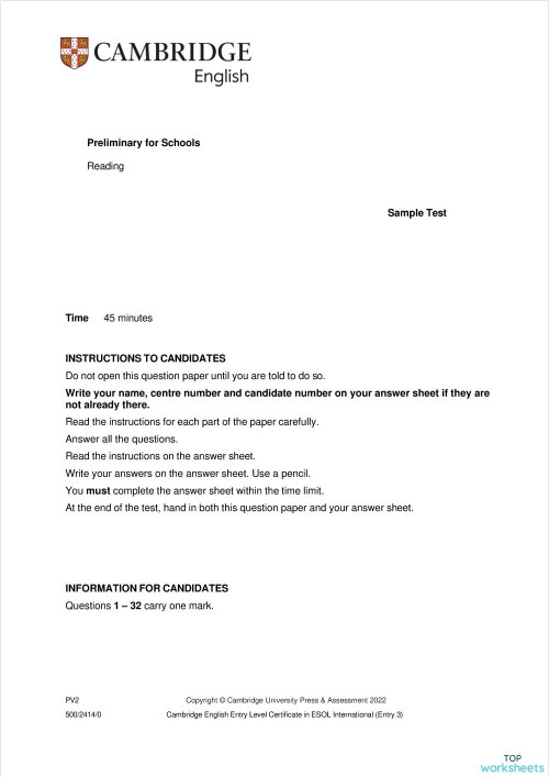 B1 Preliminary - R - Sample Test. Interactive worksheet | TopWorksheets