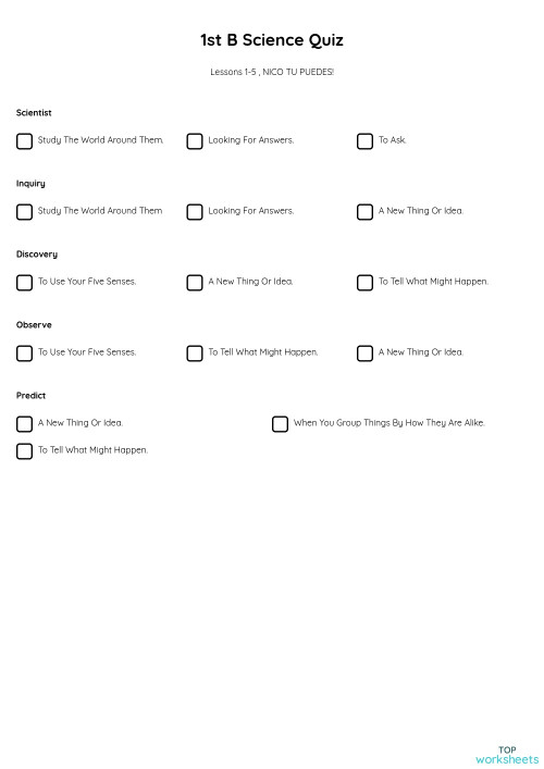 1st B Science Quiz. Interactive worksheet | TopWorksheets
