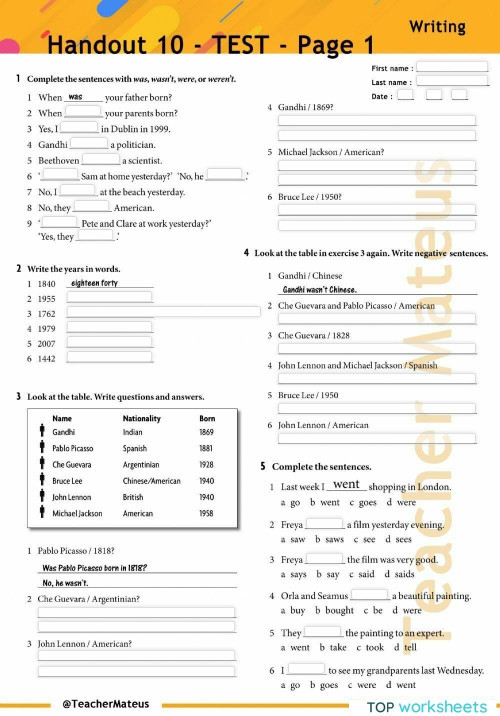 Handout 10 - TEST - Page 1 - Writing. Interactive worksheet | TopWorksheets