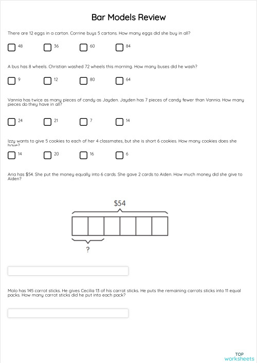 Bar Models Review. Interactive worksheet | TopWorksheets