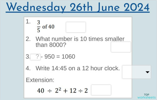5 A Day 26/06/24. Interactive worksheet | TopWorksheets
