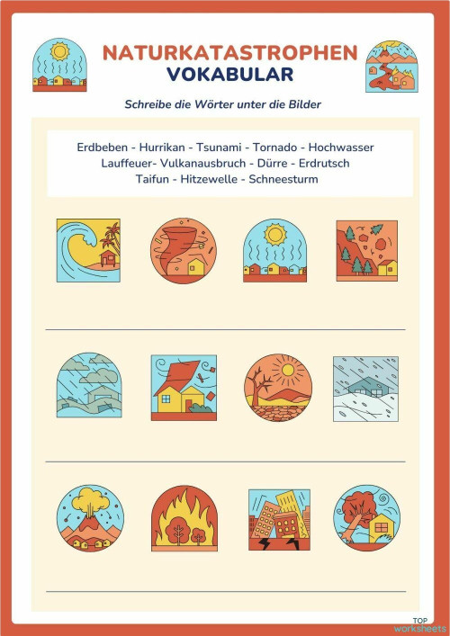 Natural Disasters Vocabulary Worksheet in Beige Red Cute Style ...