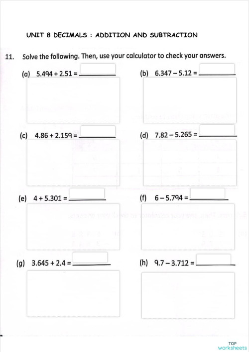 Decimals Addition and subtraction with working. Interactive worksheet ...