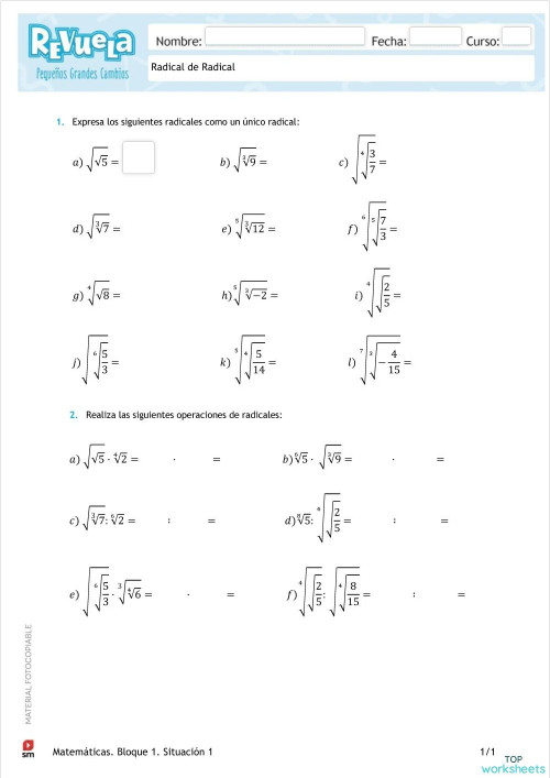 Definición y Cálculo de Radicales. Ficha interactiva | TopWorksheets