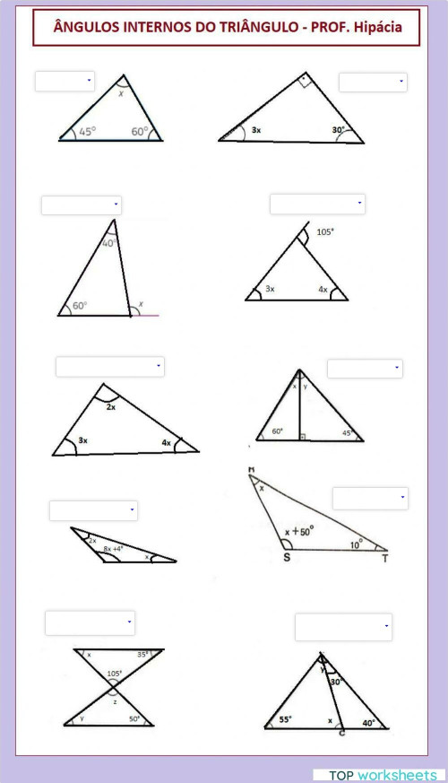 Ângulos internos do triângulo. Ficha interativa | TopWorksheets