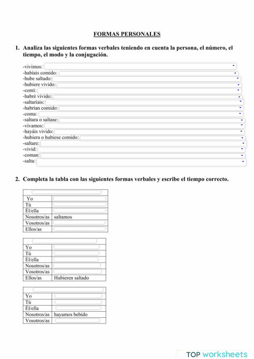 Formas verbales. Ficha interactiva | TopWorksheets