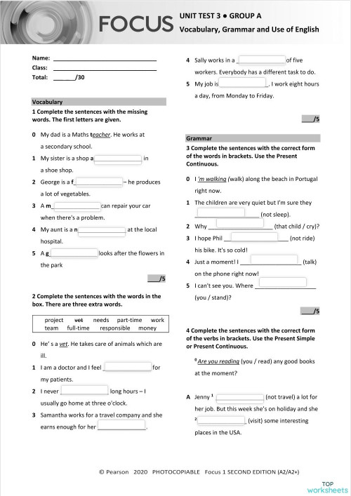 Focus 1 test unit 3. Interactive worksheet | TopWorksheets