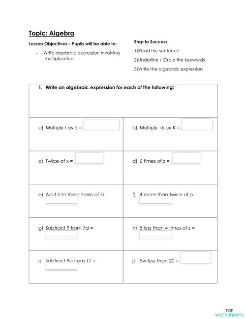 Algebra: Writing Algebraic Expression (multiplication). Interactive ...