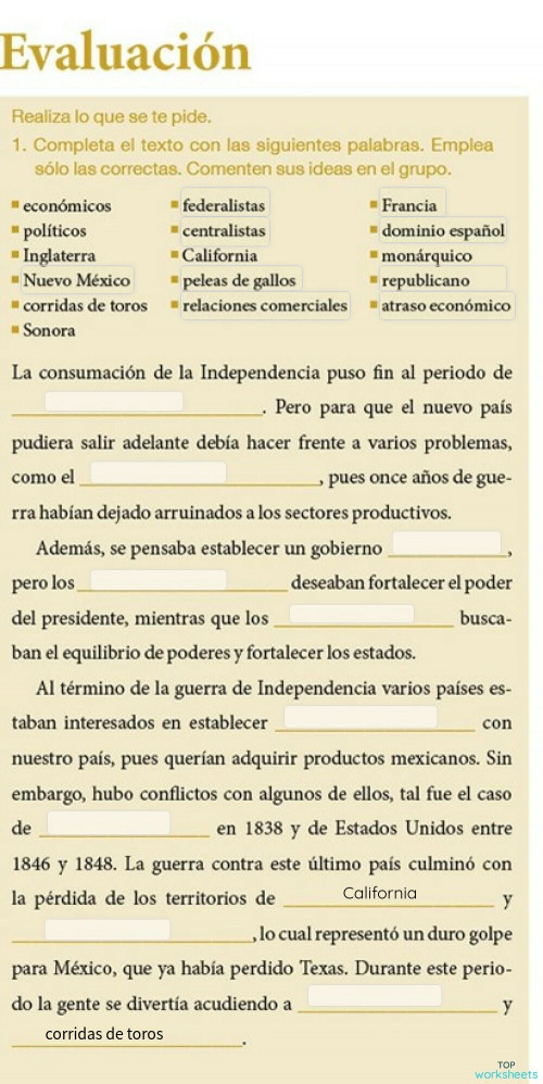 EVALUACIÓN DE HISTORIA, BLOQUE 1. Ficha interactiva | TopWorksheets