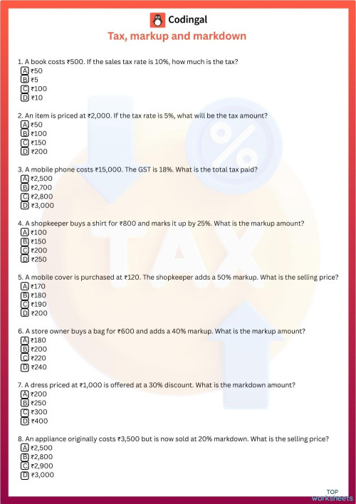 M_G07M04L12_WC01_Calculating_Tax,_Markups,_and_Markdown_1. Interactive worksheet | TopWorksheets