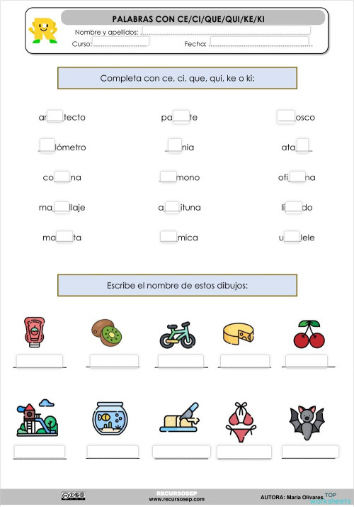 Palabras con ca-co-cu-que-qui-ke-ki. Ficha interactiva | TopWorksheets